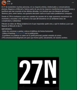 27N convoca a “reconstruir” virtualmente la protesta frente al Mincult