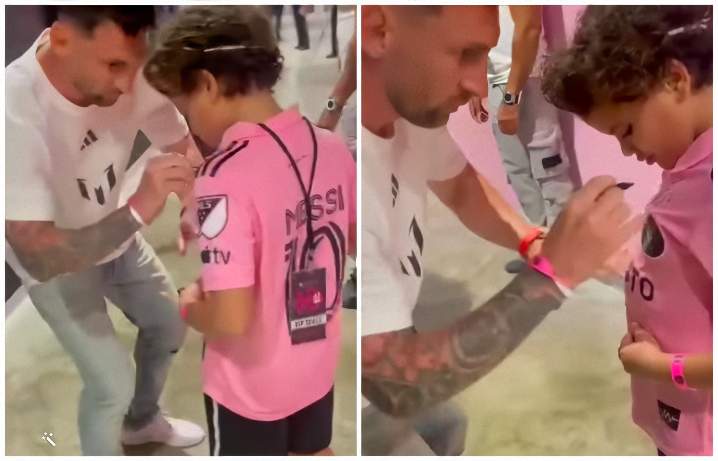 Messi firma la camiseta del hijo de Randy Malcom durante su ...