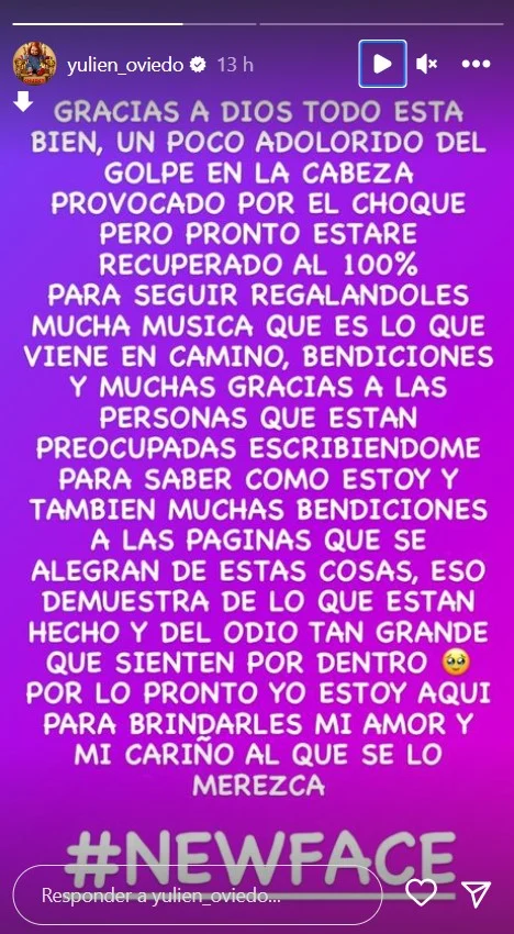 ¿Qué le pasó a Yulién Oviedo? El reguetonero habla tras sufrir un accidente