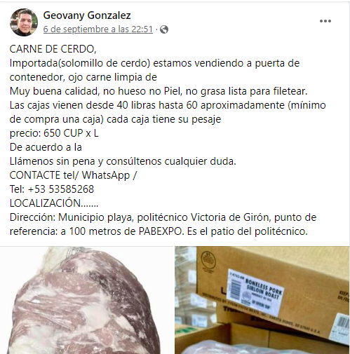 Mipyme vende carne de cerdo importada a 650 CUP la libra