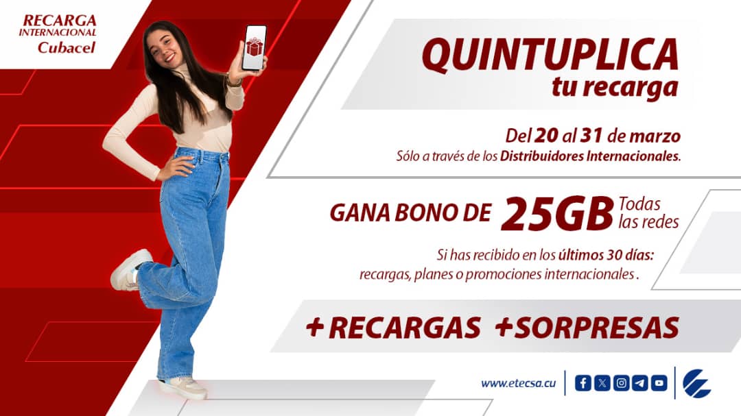 Especial de recarga de Etecsa quintuplica el saldo y regala 25 GB de datos