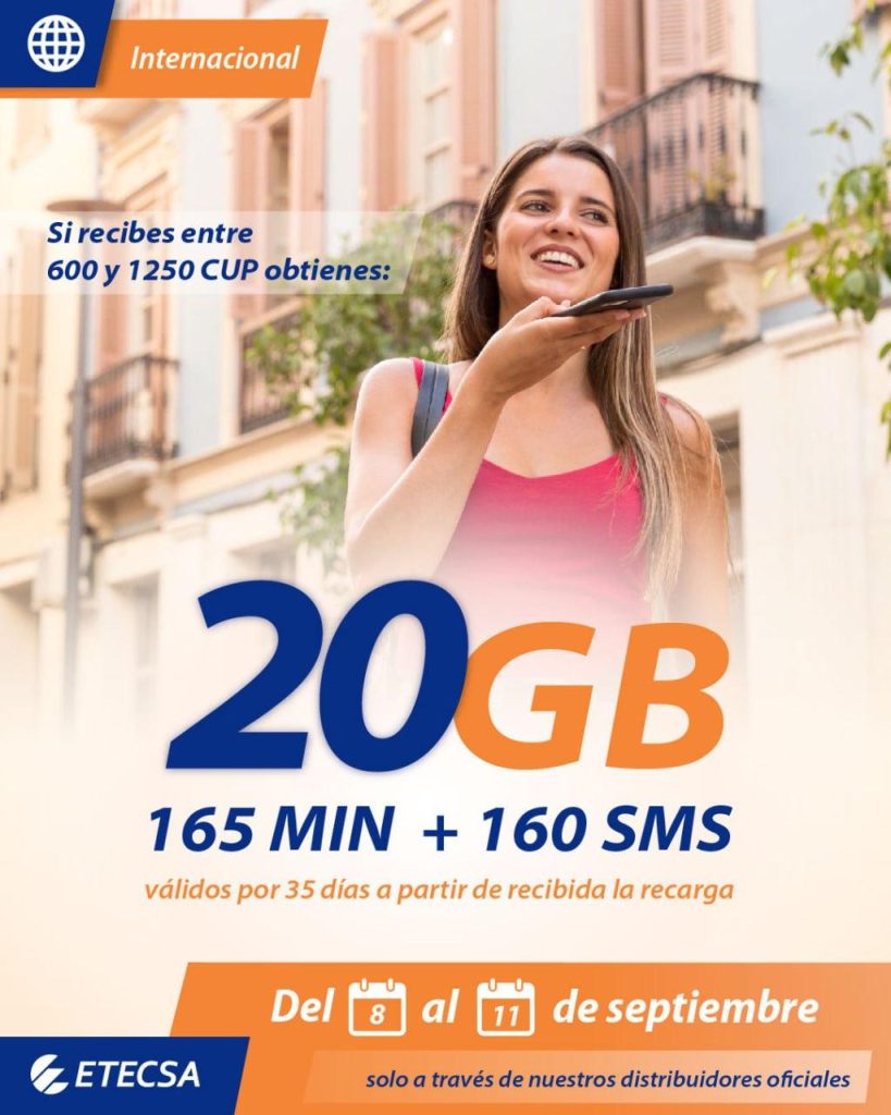 Especial de recarga internacional de Etecsa bonifica con 20 GB +165 Min ...